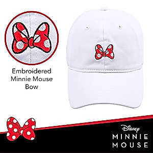 Disney Minnie Mouse Bows Embroidered Cotton Adjustable Dad Hat with Curved Brim, White, One Size