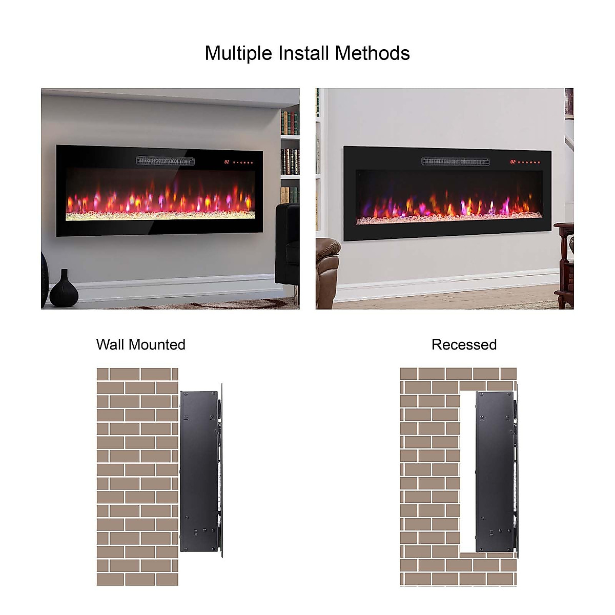 50 Inch Ultra-Thin Electric Fireplace, Recessed and Wall Mounted Fireplace, LED Light Heater with Remote Control, Tempered Glass Front Electric Fireplace with Multi Color Flame & Emberbed (50 inch)
