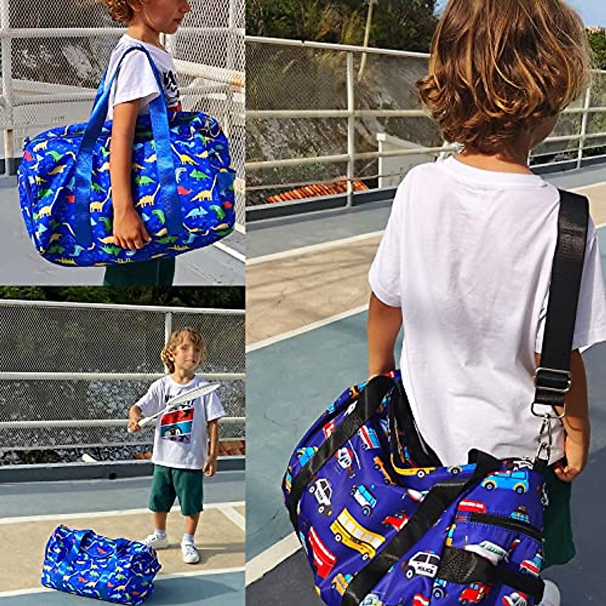 CAMTOP Kids Duffel Overnight Bag Boys Girls Weekender Carry-On Personalized Tote for Travel Gym Sport (Dinosaur-Dark Blue)