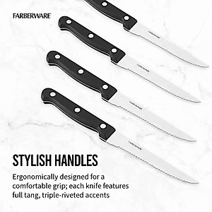 Farberware Stamped Triple Rivet High Carbon Stainless Steel Steak Knife Set, 4-Piece, Black