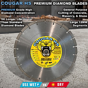 Delta Diamond Cougar HS 12 inch Diamond Blade, Premium, Segmented, General Purpose Dry or Wet Cutting of Concrete, Block, Paver, Brick (12" X 1"-20mm Arbor)