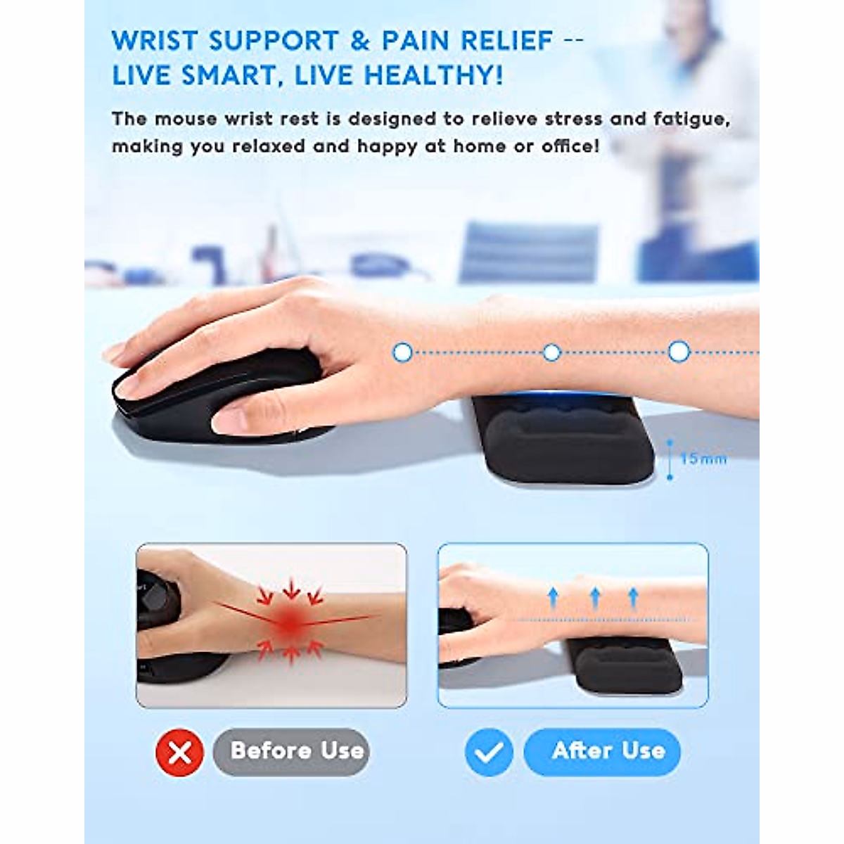 Wrist Rest for Mouse, Mouse Wrist Rest, Lekvey Mouse Pad Wrist Support, Ergonomic Memory Foam Gel Wrist Rest with Massage Holes, Pain Relief Mouse Wrist Cushion for Laptop, Office, Gaming, Black