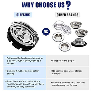 CLEESINK Kitchen Sink Strainer and Stopper Combo for Standard 3-3/8 Inch Drain, 2 in 1 Use Stainless Steel Sink Basket Strainer Replacement, Drain Cover Sink Filter with Stopper