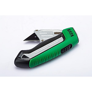 SATA T-Series Folding Utility Knife with Easy-Access Blade Storage in the Body and a Green Dual Material Handle - ST93486