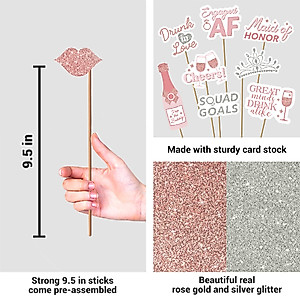 Fully Assembled Bachelorette Photo Booth Props - Set of 32 - Rose Gold, Pink, & Silver Signs, Wedding Bridal Shower Bachelorette Party Supplies & Decorations With Real Glitter - Did we mention no DIY?