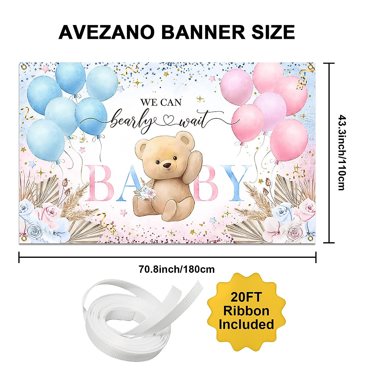 Avezano Boho Bear Gender Reveal Backdrop Banner Boho Floral We Can Bearly Wait Gender Reveal Decorations Pampas Grass He or She Baby Shower Party Decor 70.8 x 43.3 Inch