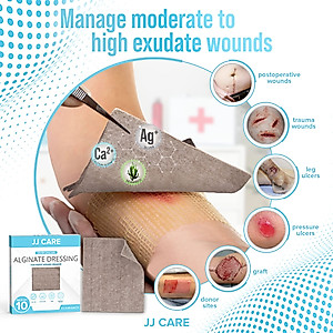 JJ CARE Silver Calcium Alginate Wound Dressing (Pack of 10) 4x5, Calcium Alginate Wound Dressing, Individually Packed Calcium Alginate, Highly Absorbent Silver Wound Dressing