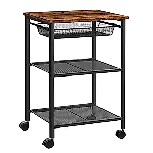 HOOBRO Mobile Printer Stand, 3-Tier Printer Cart with Storage Shelf, Adjustable Metal Mesh Basket, Printer Table on Wheels, Industrial Style in Home Office, Rustic Brown and Black BF23PS01