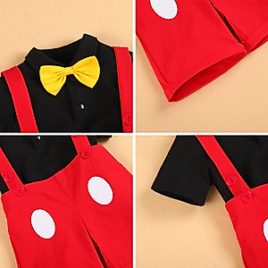 IBTOM CASTLE Gentleman First Birthday Cake Smash Photo Prop Outfits for Baby Boys Romper+Bow Tie+Overalls Bib Pants Ears Headband Halloween Baby Shower Fancy Costume Red+Balck 12-18 Months