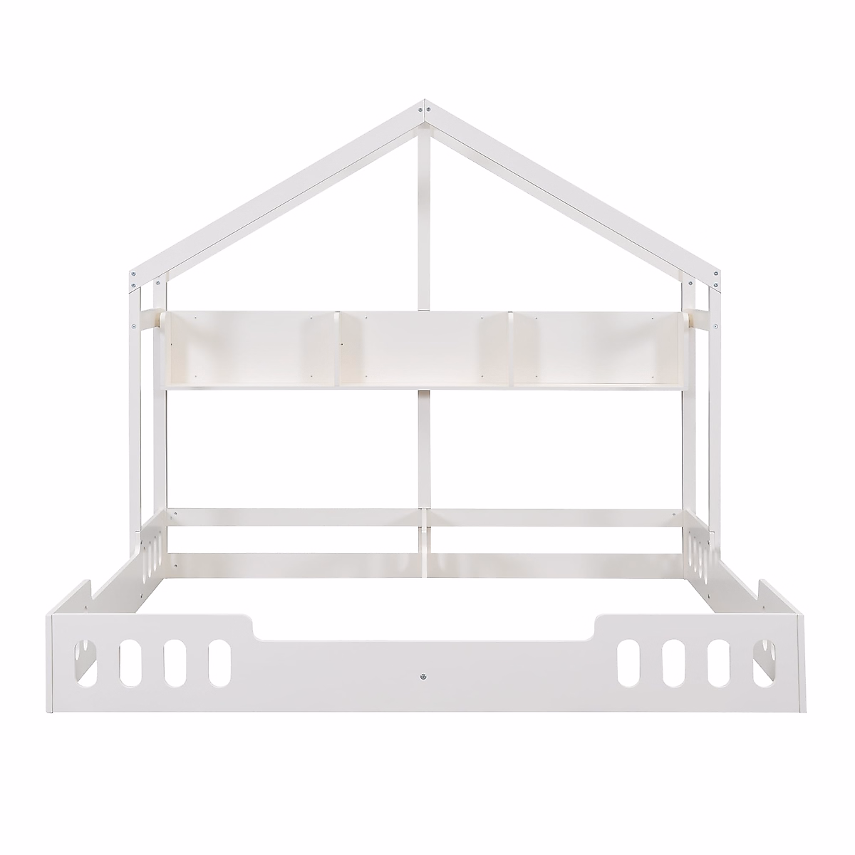 Harper & Bright Designs Twin House Bed for 2 Kids,Wood Double Twin Platform Beds with Rails, Montessori Floor Bed,Two Shared Beds with Shelves and Guardrail,Creamy White