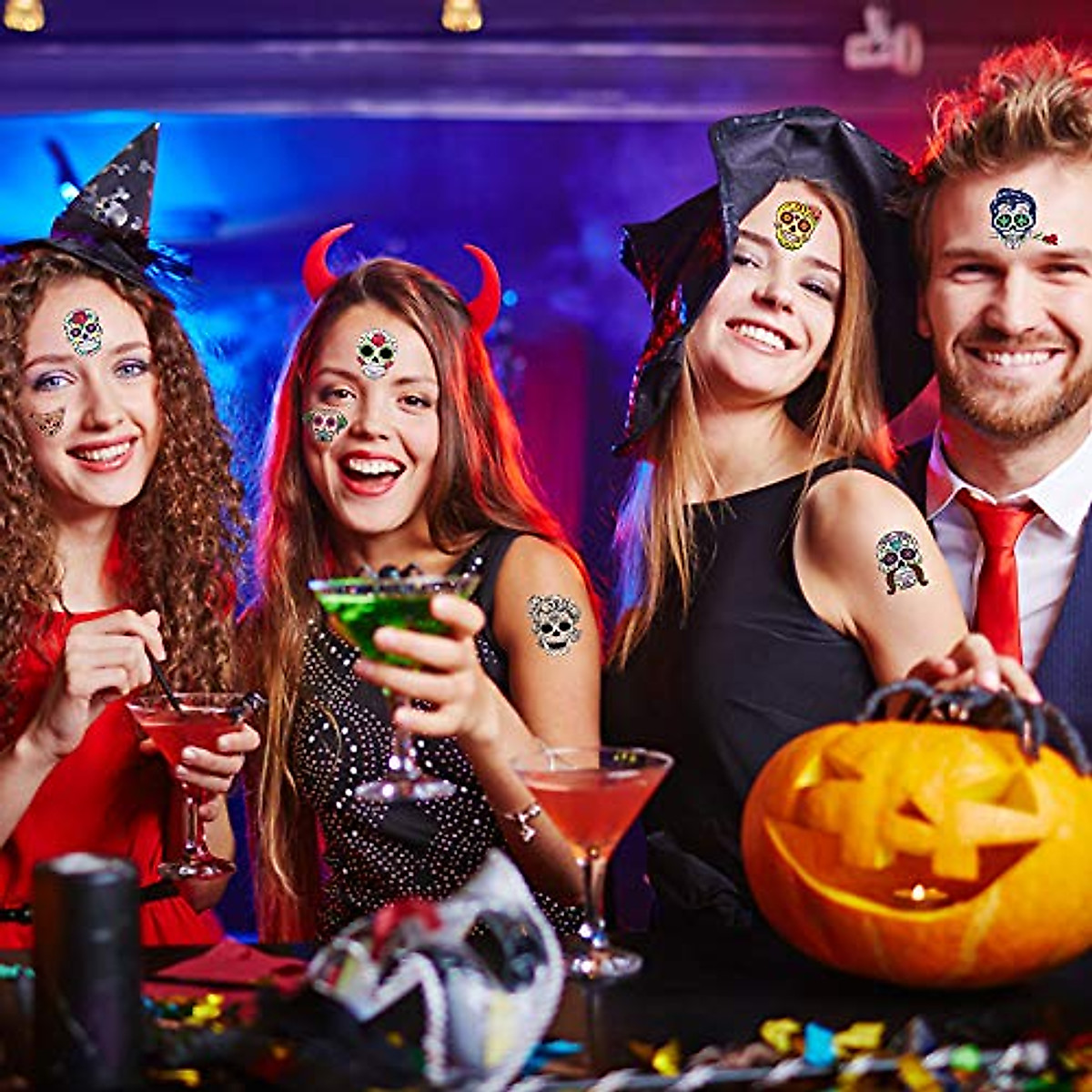 Day of the Dead Sugar Skull Tattoos(100Counts),Konsait Halloween Temporary Face Tattoos Sugar Skull Puppy Black Skeleton Web Red Roses Tattoo for kids Boys Girls Mexican Halloween Party Favor Supplies