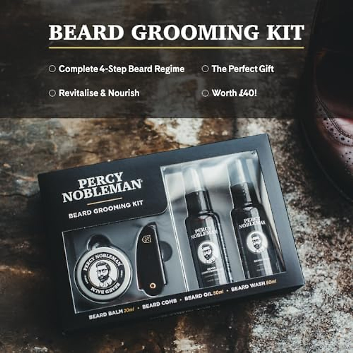 Percy Nobleman Beard Grooming Kit. Signature Scented Beard Oil 50ml. Beard Wash 50ml. Beard Balm 20ml. Beard Comb.