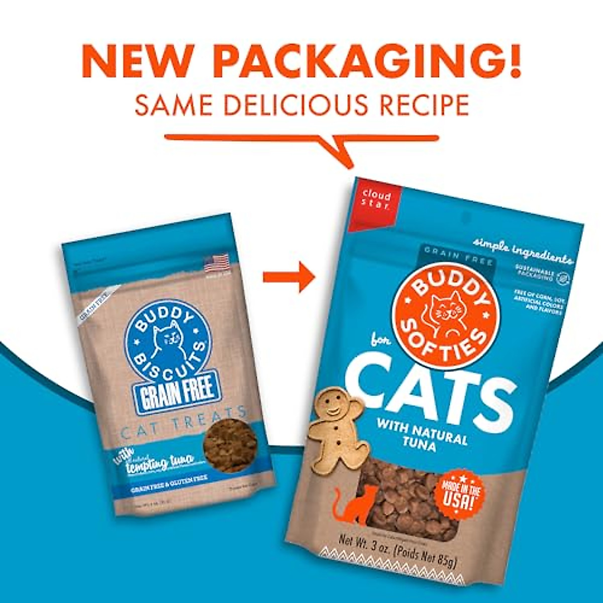 Buddy Biscuits 3 oz. Pouch of Grain Free Soft & Chewy Cat Treats Made with Natural Temping Tuna