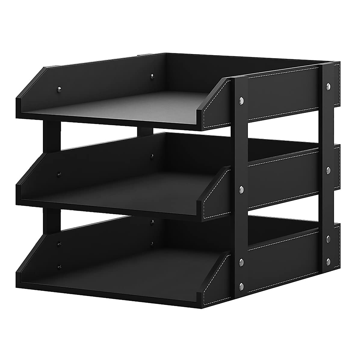 Leather Desk Organizer, Thipoten 3-Tier Stackable Letter Tray Holder for Office Supplies, Paper, File, Magazine, Perfect Office Organization for Desktop (Black-3Tiers)