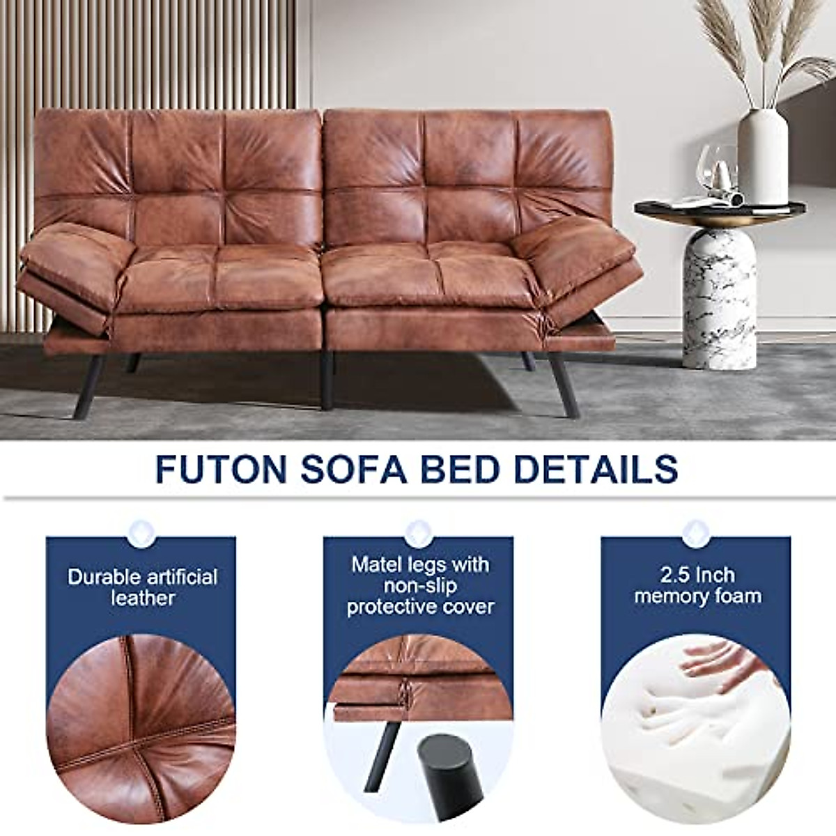 QAIIOO Futon Sofa Brown with Compact Living Space, Memory Foam Modern Convertible Sleeper Bed, Folding Recliner Adjustable Backrest Armrests, Apartment, Dorm, Bonus Room, 71" D x 33" W x 31.5" H