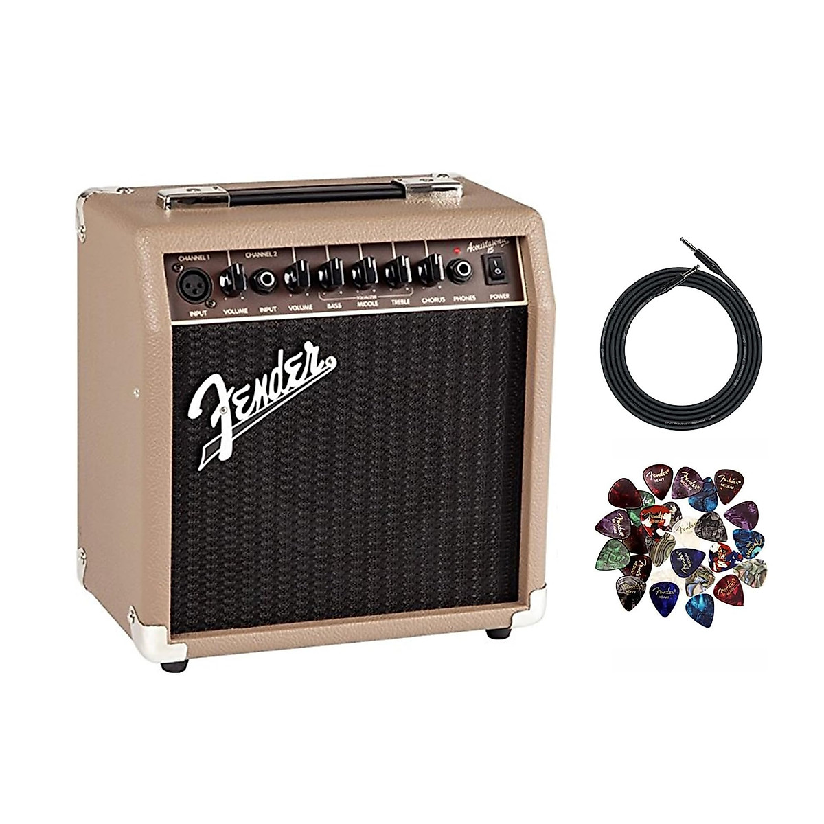 Fender Acoustasonic 15 Acoustic Guitar Amplifier Bundle with Instrument Cable, Picks, and Austin Bazaar Polishing Cloth