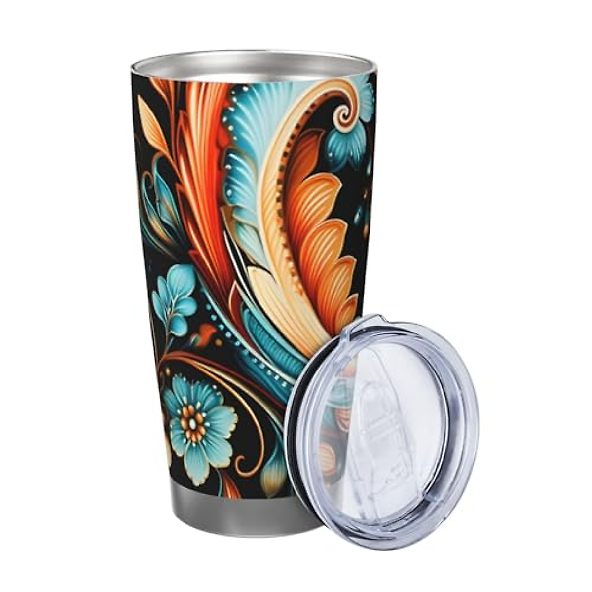 AYCZN Ethnic Feather 20 OZ Tumbler Stainless Steel Travel Coffee Mug, Vintage Flower Floral Insulated Water Bottle with Lid and 2 StrawsLeakproof Thermal Cup