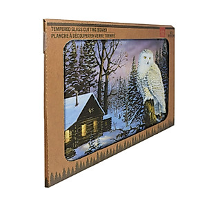 Rivers Edge Products Large 12in x 16in Decorative Tempered Glass Cutting Board, Hypoallergenic, Non Slip, Textured Surface Chopping Board for Kitchen, Cabin in the Woods with Snowy Owl, White Owl