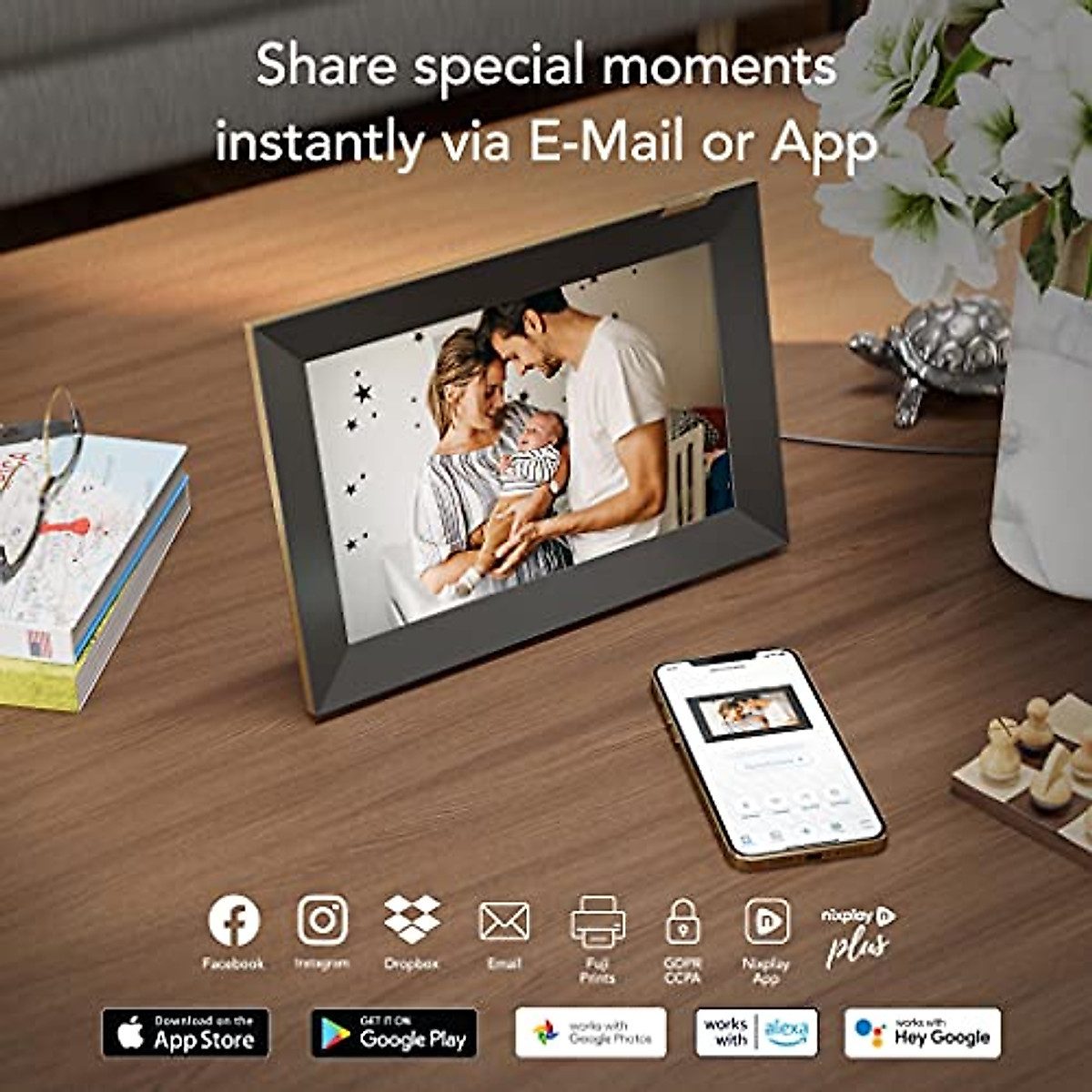 Nixplay 10.1 inch Touch Screen Digital Picture Frame with WiFi (W10K) - Black-Gold - Unlimited Cloud Photo Storage - Share Photos and Videos Instantly via Email or App - Preload Content