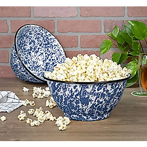 Red Co. Set of 2 Enamelware Metal Large Classic 4 quart Round Salad Serving Bowl, Navy Blue Marble/Black Rim - Splatter Design