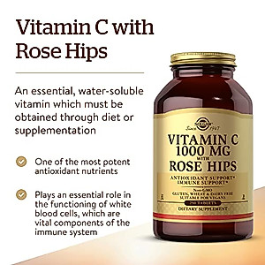 Solgar Vitamin C 1000 mg with Rose Hips, 250 Tablets - Antioxidant & Immune Support - Overall Health - Supports Healthy Skin & Joints - Non GMO, Vegan, Gluten Free, Dairy Free, Kosher - 250 Servings