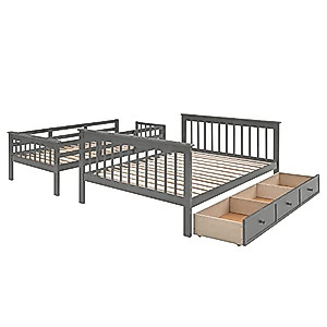 Harper & Bright Designs Twin Over Full Bunk Bed with Storage Drawer, Wood Bunk Beds with Stairway, Storage Shelf and Full-Length Guard Rail, Kids bunk Bed Twin Over Full, No Box Spring Needed (Gray)