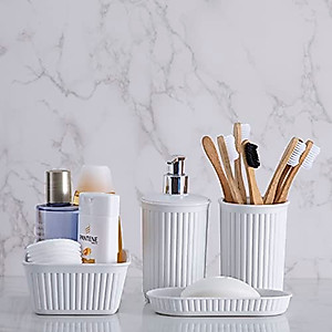 Decorative Plastic Bathroom Accessories Set, White Smoke (Set of 4) Soap Dish, Liquid Dispenser, Toothbrush Holder Cup, Vanity Organizer Tray - Bath Accessory Countertop Decor Gift - Ribbed Design