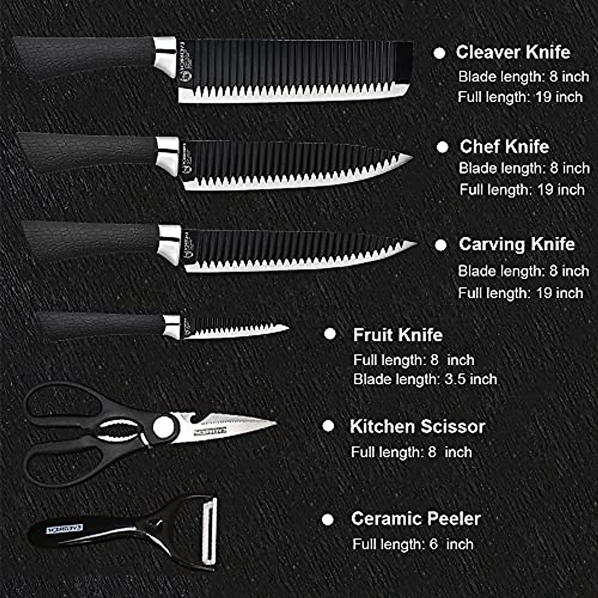 Fukep Chef Knife Set for Kitchen, Sharp Stainless Steel Non-Stick 6 Pieces Kitchen Knife Sets under 25 Dollars, Pretty Gift Kitchen Cutting Cultery Set with Scissors and Peeler