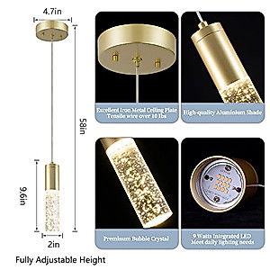 Pendant Lights Kitchen Island, Ceiling Hanging LED Vanity Light Fixtures with 3000K, Modern Crystal Cylindrical Shape Pendant Modern Kitchen Island Lighting for Dining Room, Bar- 2 Pack (Gold)