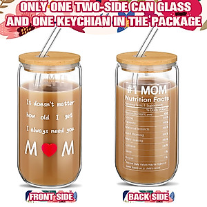 Yetene 2 Pcs Mother's Day Gifts 16 oz Coffee Glass Cup and Mom Keychain for Mama Coffee Mug with Straw and Lid Mom Birthday Gifts from Daughter Son