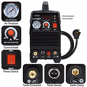 Pilot Arc Plasma Cutter, Cuwiny 50 Amp Dual Voltage 110/220v Non-Touch Pilot Inverter Air Plasma Cutting Machine, IGBT,14mm Clean Cut,16mm Max Severance, Fit For Carbon Steel,Copper, Iron and Aluminum