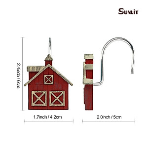 Sunlit Farmhouse Barn Christmas Shower Curtain Hooks, Rustic Red House Decorative Shower Curtain Rings, Resin, Wooden Plank Rural Country Bathroom Decoration Shower Curtain Hooks-12 Pack