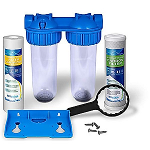 Dual Whole House Water Filter System, Transparent Standard Housings, Presser Relief Button, 3/4” Inlet/Outlet Brass Port, 5 Micron Sediment & Carbon Cartridges Meets NSF Standards & Regulations