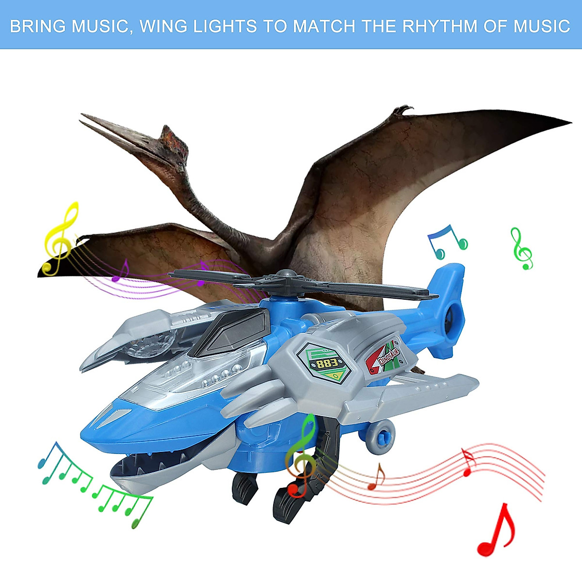 Elimiic Helicopter Toys for 3 4 5 6 Year Old Boys Automatic Transform Dinosaur Toys with LED Light and Music 4-6 Year Old Boy Birthday Gifts(Blue)