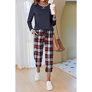 Ekouaer Pajamas Women’s Long Sleeve Sleepwear Christmas Plaid Lounge Sets Winter Pjs With Pockets Blue Plaid,Large