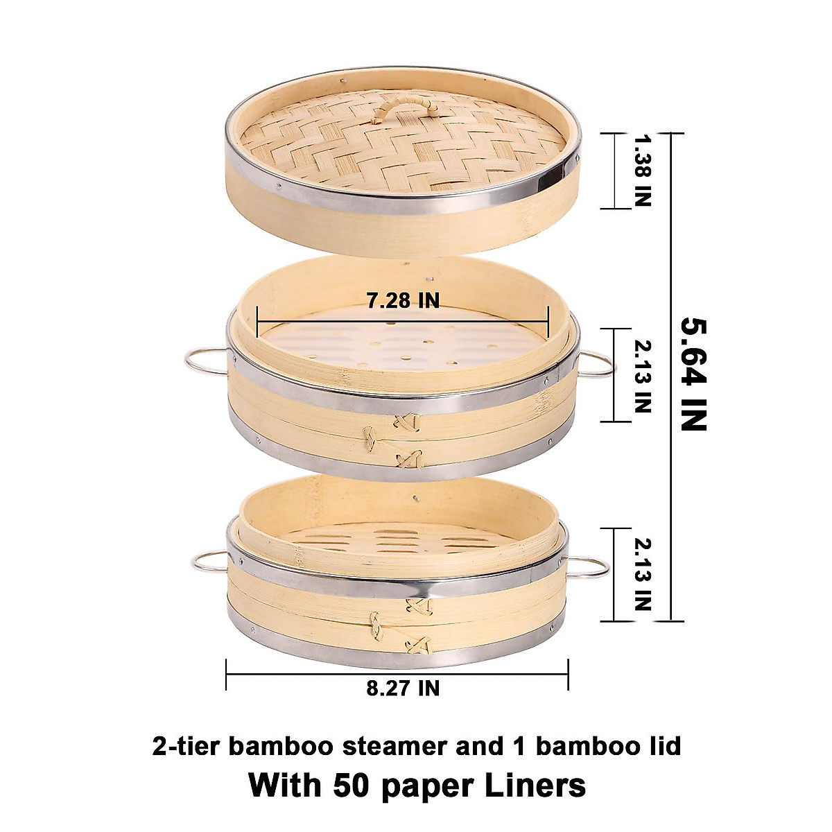 Niuirt Bamboo steamer basket set 8-inch, 2-tier dumpling steamer with side handles and 50pcs paper liners for buns, dim sum, dumplings, vegetables, and seafood.