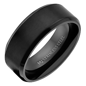MJ Metals Jewelry Custom Engraved 8mm Black Plated Stainless Steel Brushed Center Beveled Edge Band Ring Size 11