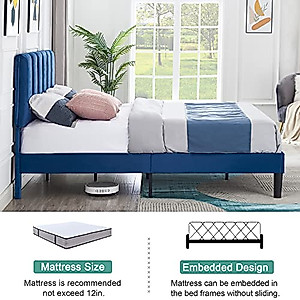 VECELO Full Size Bed Frame, Upholstered Platform Bedframe, Adjustable Headboard, Wood Slat Support, No Box Spring Needed, Easy Assembly, Blue