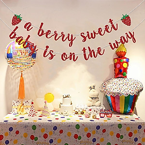 A Berry Sweet Baby is On The Way Banner, Strawberry Girl Baby Shower Party Decorations, Berry Sweet Fruits Themed Kids' First Birthday Party Supplies Red Green Glitter