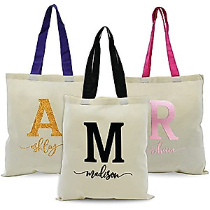 Personalized Initial Canvas Tote Bags w/Name - 17 Vinyl Colors & 5 Handle Colors - 15"x16" - Customized Shoulder Bag for Women - Custom Large Tote Bag for Girls - Bridesmaid Bags Summer Beach Bags C1