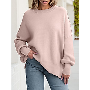ANRABESS Women Crewneck Batwing Long Sleeve 2024 Fall Oversized Side Slit Ribbed Knit Pullover Sweaters Top Cozy Outfits Pink Small
