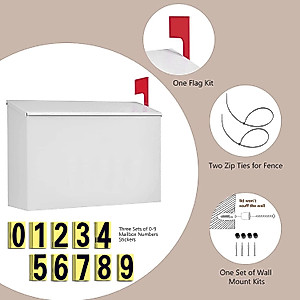 LAND·VOI Wall-Mount Mailbox with One Flag Kit and Three Sets of 0-9 Mailbox Number Stickers, Galvanized Steel Rust-Proof Metal Post Box, Mailboxes for Outside, 4.33" Dx14.2 Wx10.43 H, White AMB03W