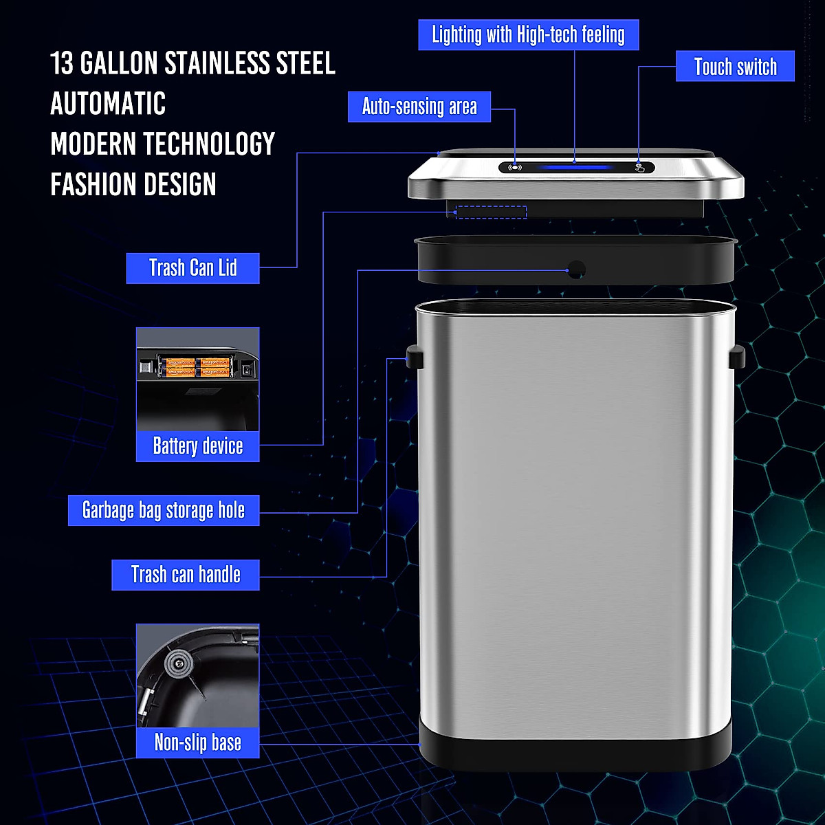 pouseayar 13Gallon 50L Stainless Steel Smart Trash Can with Motion Sensor Super Quiet Lid and 30 Garbage Bags, Perfect for Kitchen, Home, Office - Silver