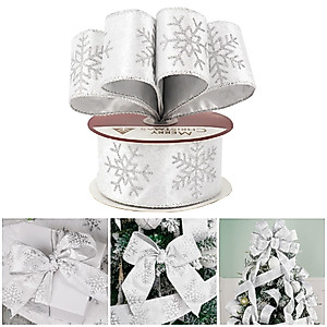 AIMUDI White Christmas Velvet Ribbon Wired 2.5 Inch Silver Glitter Snowflake Wired Ribbon for Wreaths White Ribbon for Christmas Tree, Gift Wrapping, Garland, Holiday Crafts, Topper Bows - 10 Yards