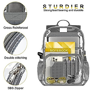 GEAMSAM Clear Backpack, Heavy Duty Transparent Backpack with Reinforced Bottom See Through Backpack for College, Travel, Workplace Security - Gray