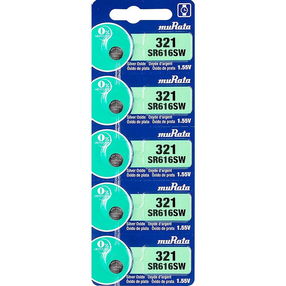 Murata 321 Battery SR616SW 1.55V Silver Oxide Watch Button Cell (5 Batteries)