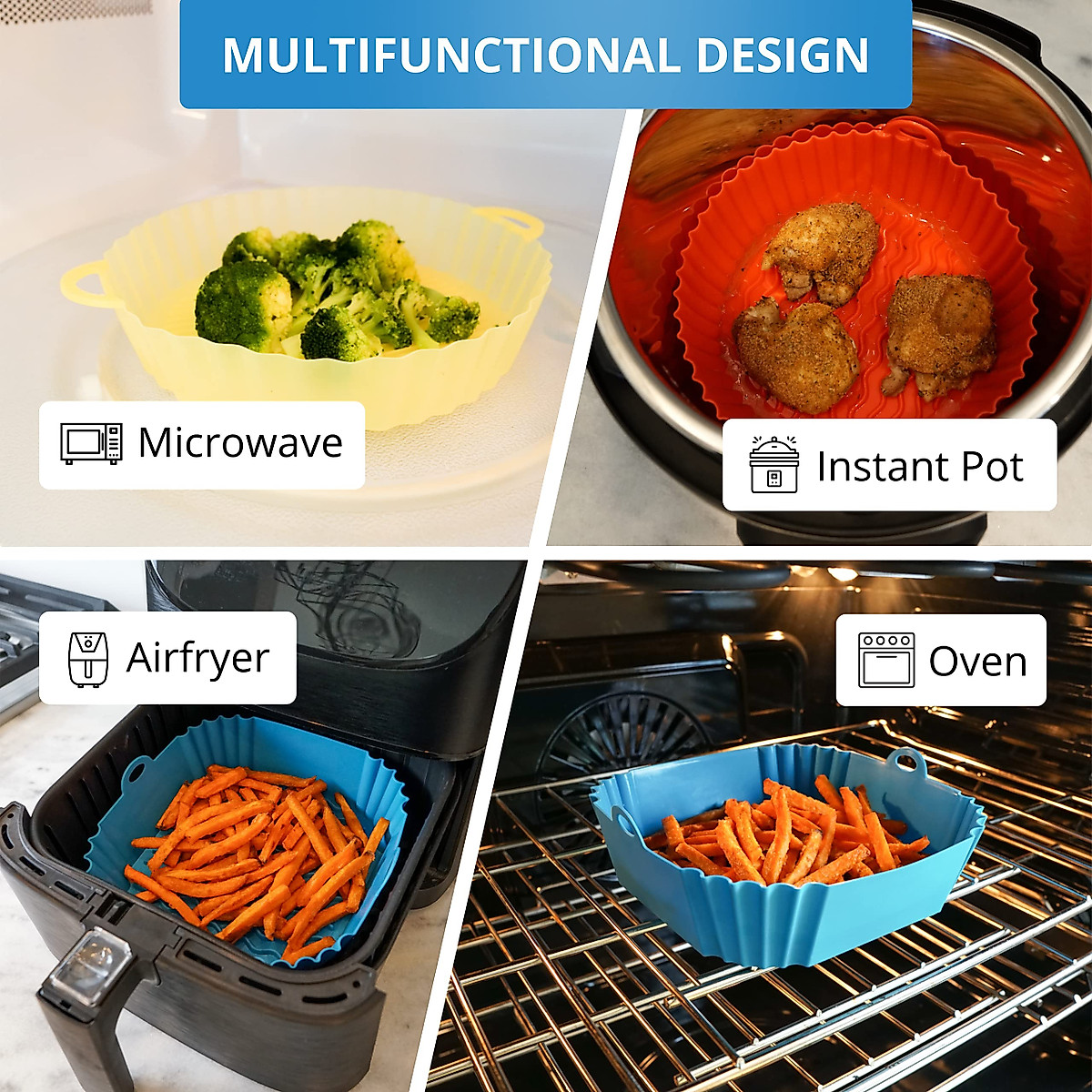 3 Pack Air Fryer Silicone Liners Pot, Round & Square Food Grade Air Fryer Accessories, 8 Inch Reusable Baking Tray Oven Accessories, Air Fryer Silicone Basket Bowl, No Need to Clean Fryer(For 5 to 6Q)