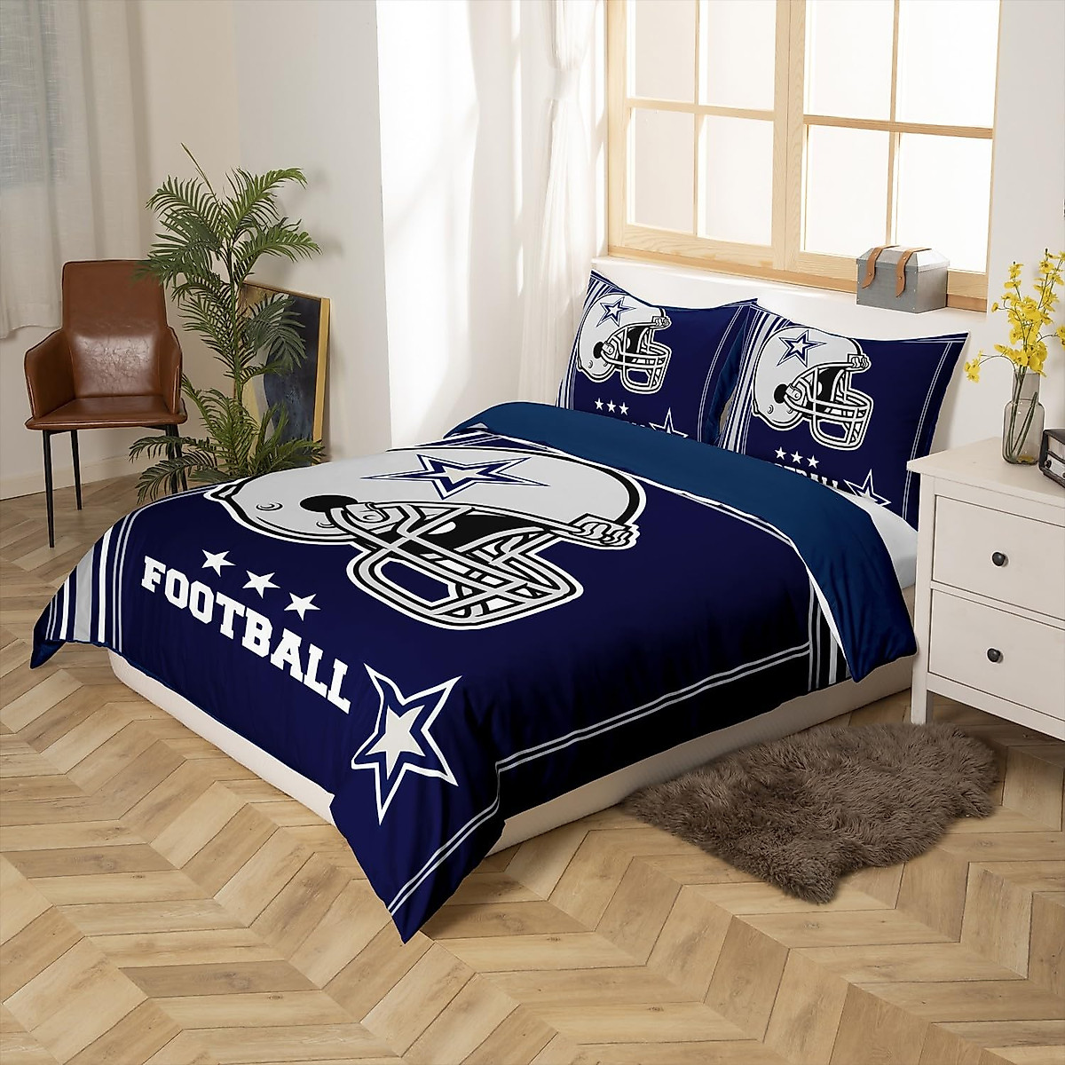 American Football Duvet Cover Set King Size,Western Texas Star Cowboy Football Sports Bedding Set,Boys Men Room Decor,Rugby Helmet Geometric Stripes Comforter Cover,Blue Quilt Cover,2 Pillowcases
