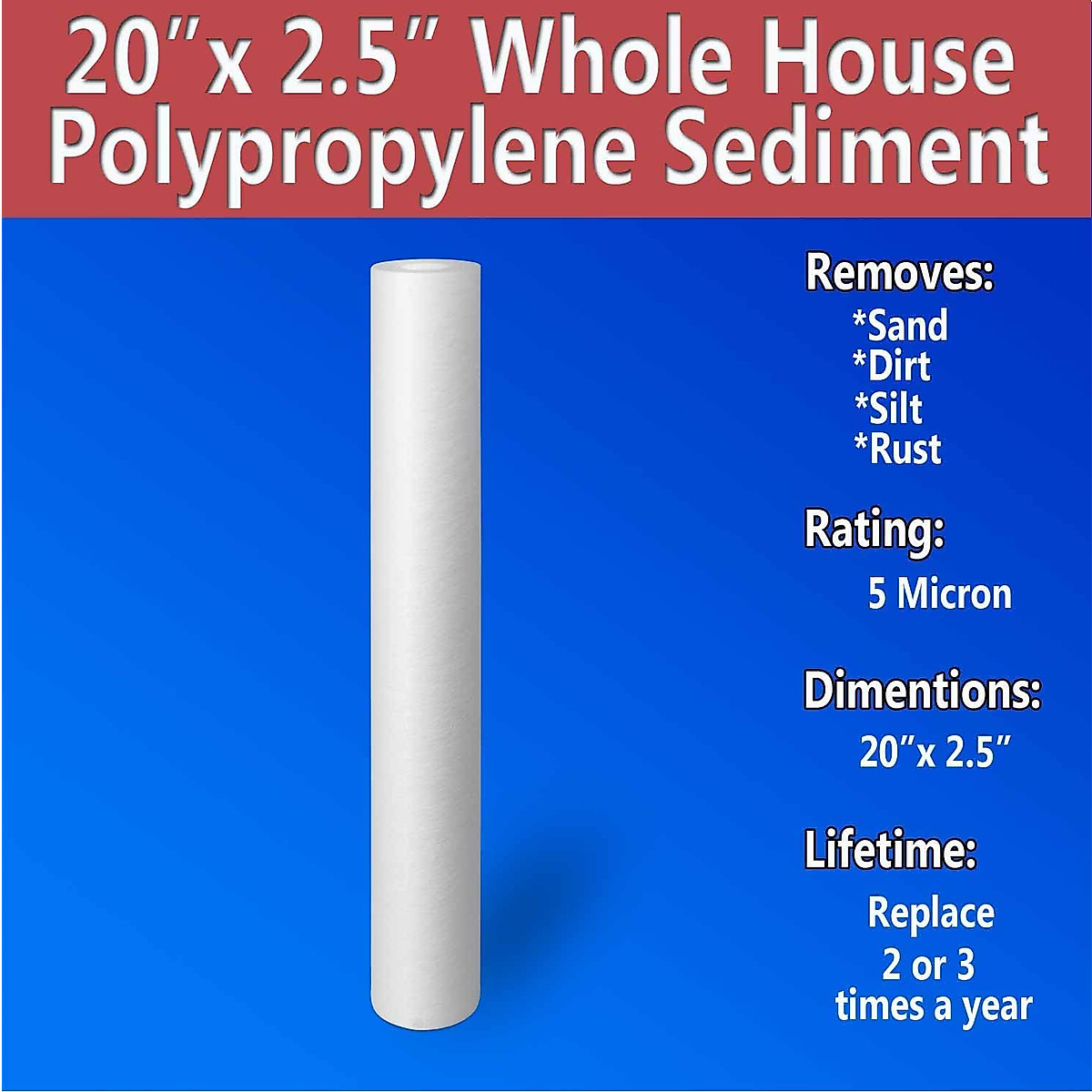 Standard Whole House Melt-blown Four Layers Filtration Polypropylene 5 Micron Sediment Filter 20” x 2.5” Fits 20” x 2.5” Housings. Compatible with FPMB5-20, FPMB520, SDC-25-2005/4, VX05-20 Pack of 4