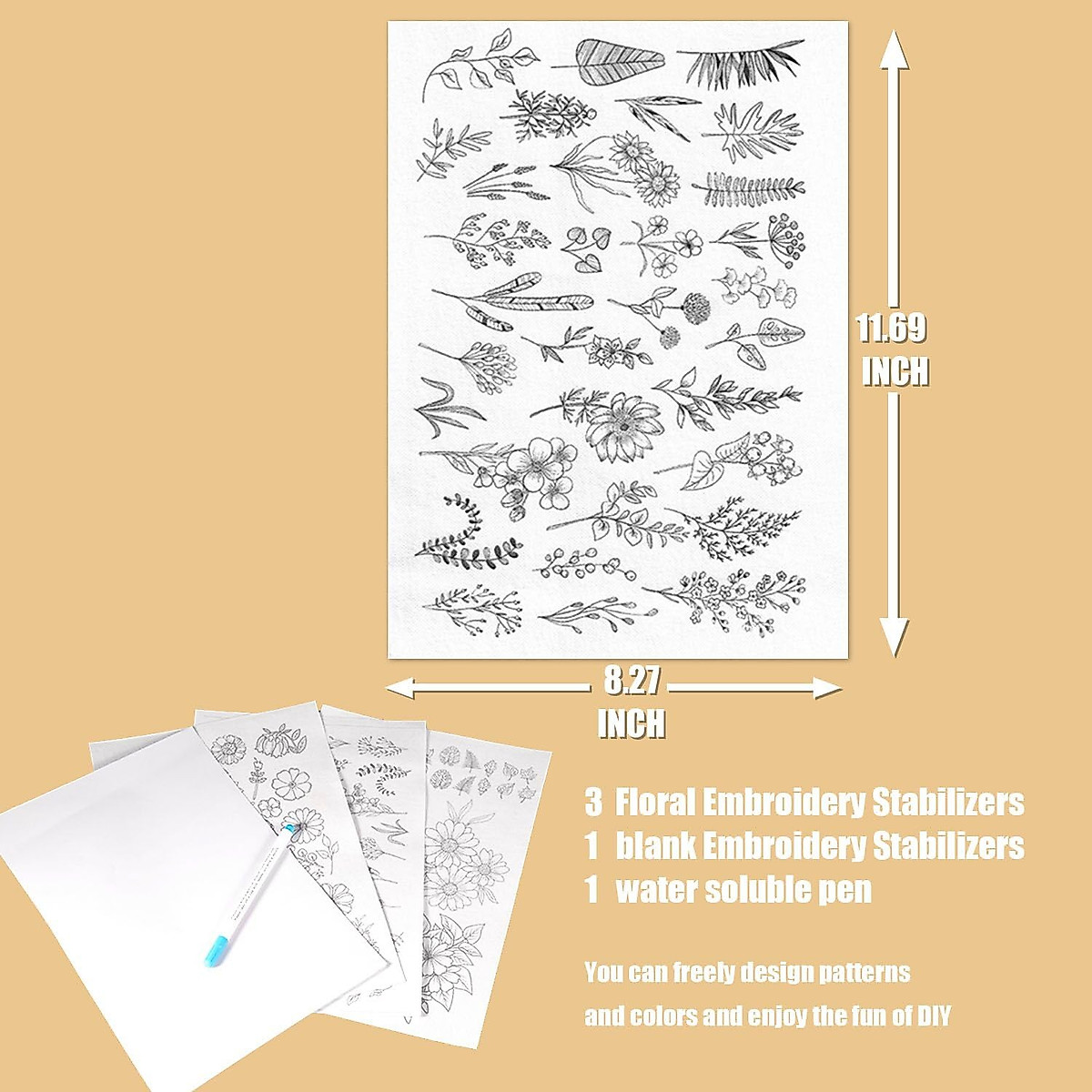 yklbpd 100-Pack Water-Soluble Stabilizer and Adhesive Embroidery Paper, with 3 Sheets of A4 Pre-Printed Patterns and 1 Blank Stabilizer + 1 Water-Soluble Marking Pen. Suitable for Hand Sewing.